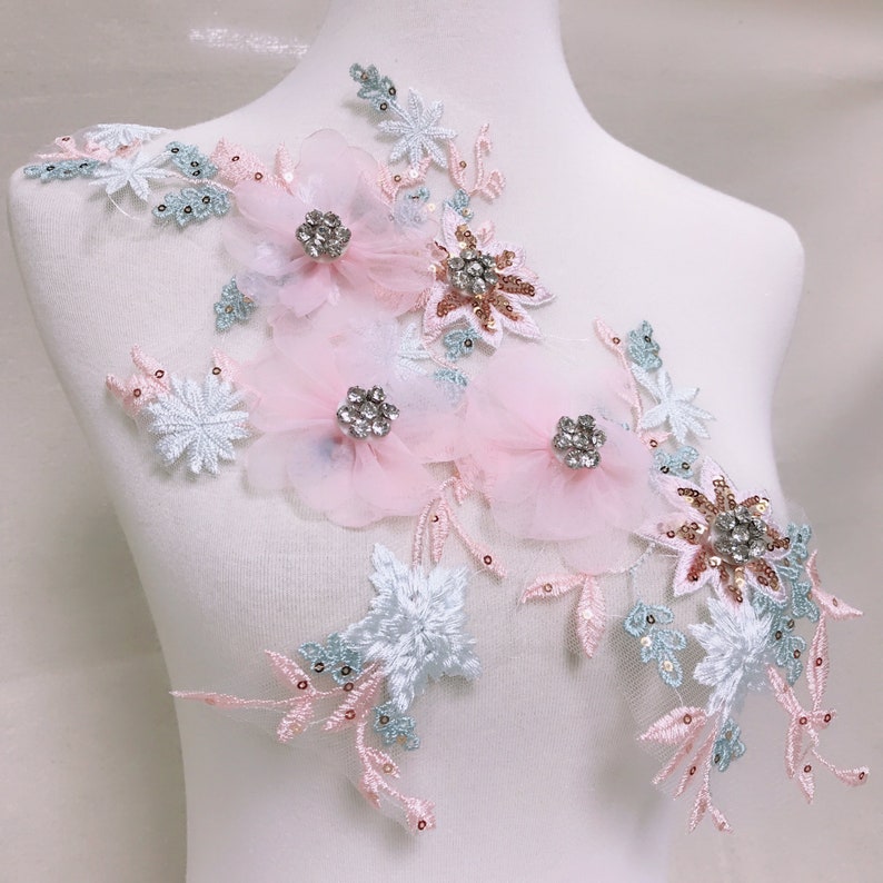 Aqua & Pink Lace Applique 3D Flowers Rhinestone Appliqué for - Etsy
