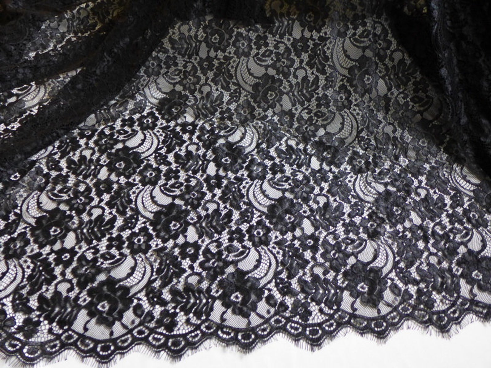 Black Lace Fabric Scalloped Edge, Romantic Floral Fabric, Elegant ...