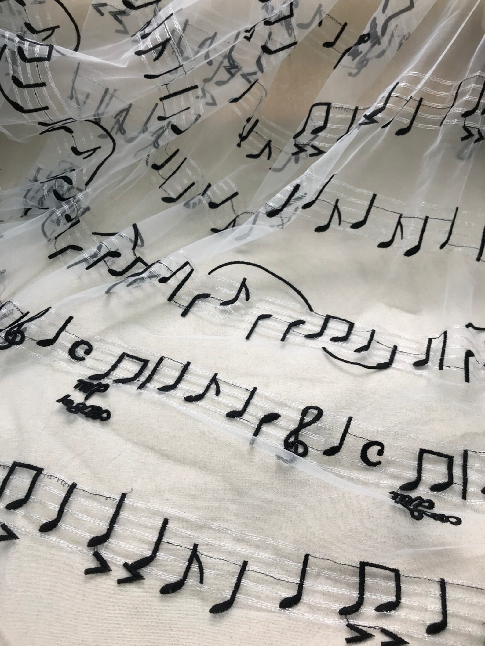 Music Note Fabric, Musical Notes Tulle Fabric, Black Note and off White ...