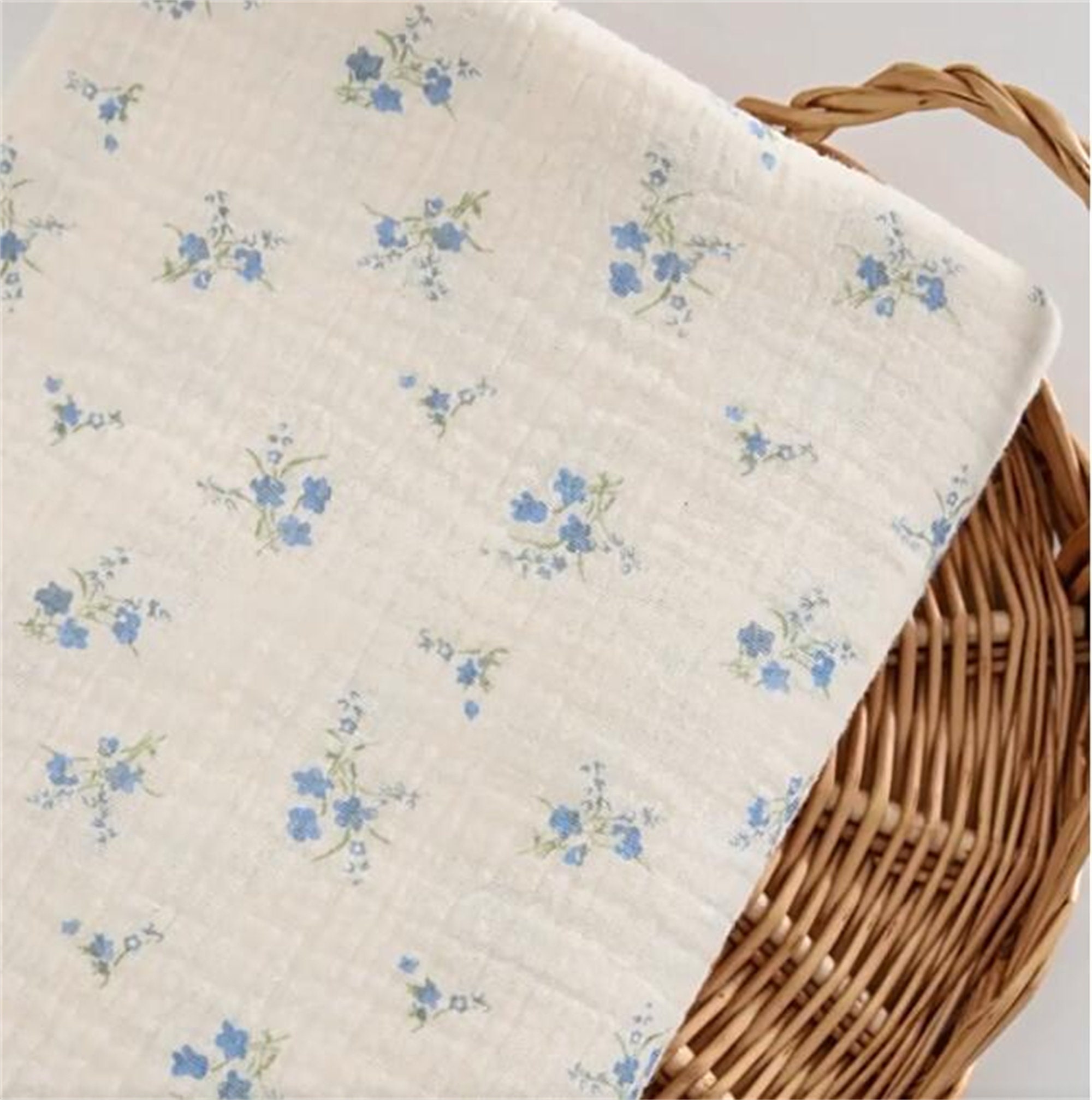 Blue Floral Cotton Fabric, Double Layer Crepe Floral Printed Fabric ...
