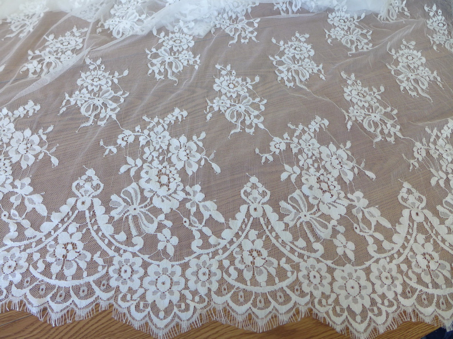 59" Wide Chantilly Scalloped Lace Ivory Floral Lace Fabric by the Yard ...