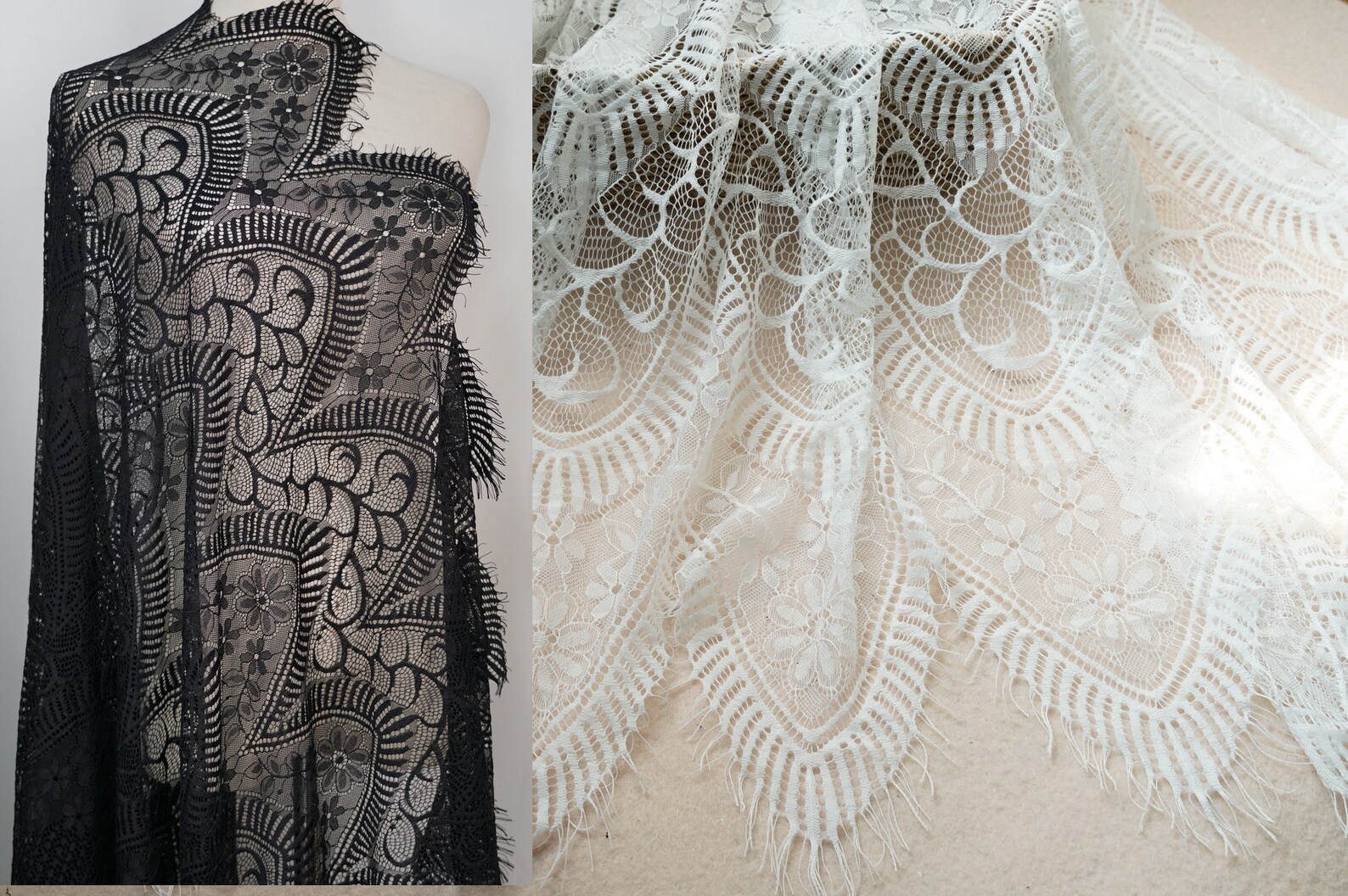 Retro Chantilly Lace Soft Scallop Fabric Black / off White | Etsy