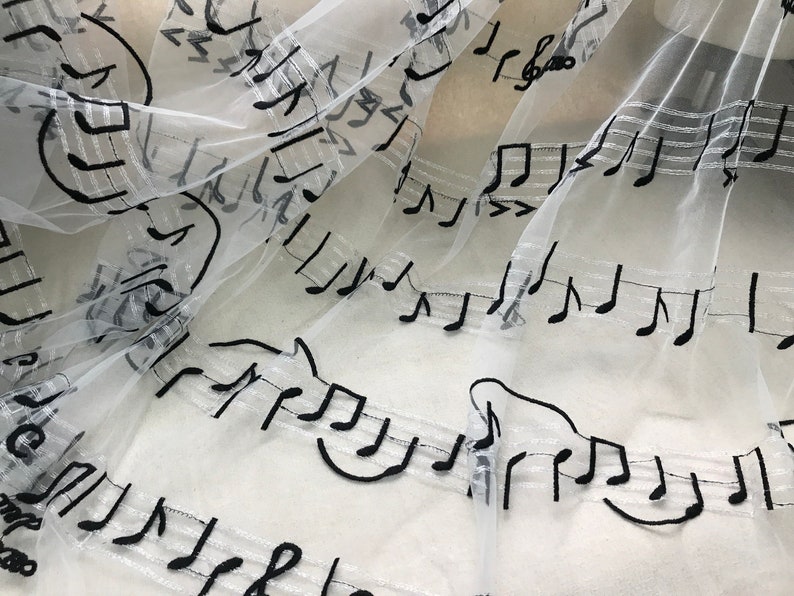 Music Note Fabric, Musical Notes Tulle Fabric, Black Note and off White ...