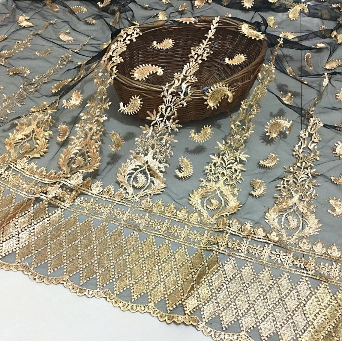 Gold Lace Fabric Embroidery Floral Lace Golden Lace Black Mesh | Etsy