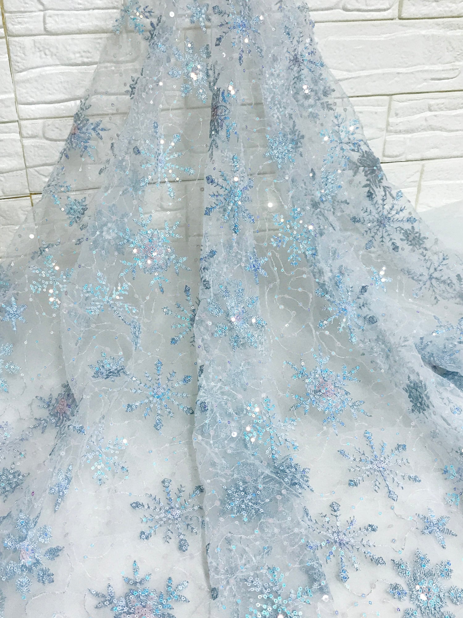 Light Blue Snowflake Fabric Colorful Sequins Embroidery Mesh Fabric for ...