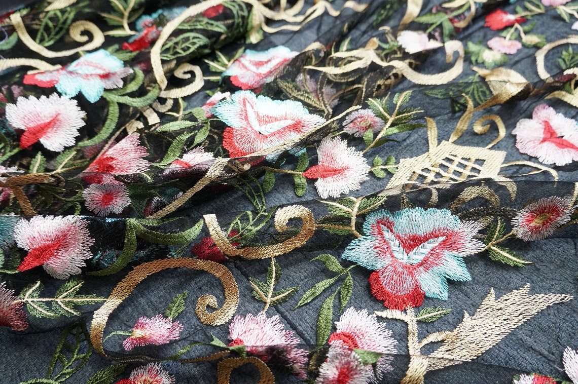 Multi-color Floral Flowers Embroidered on Black Tulle Fabrics | Etsy