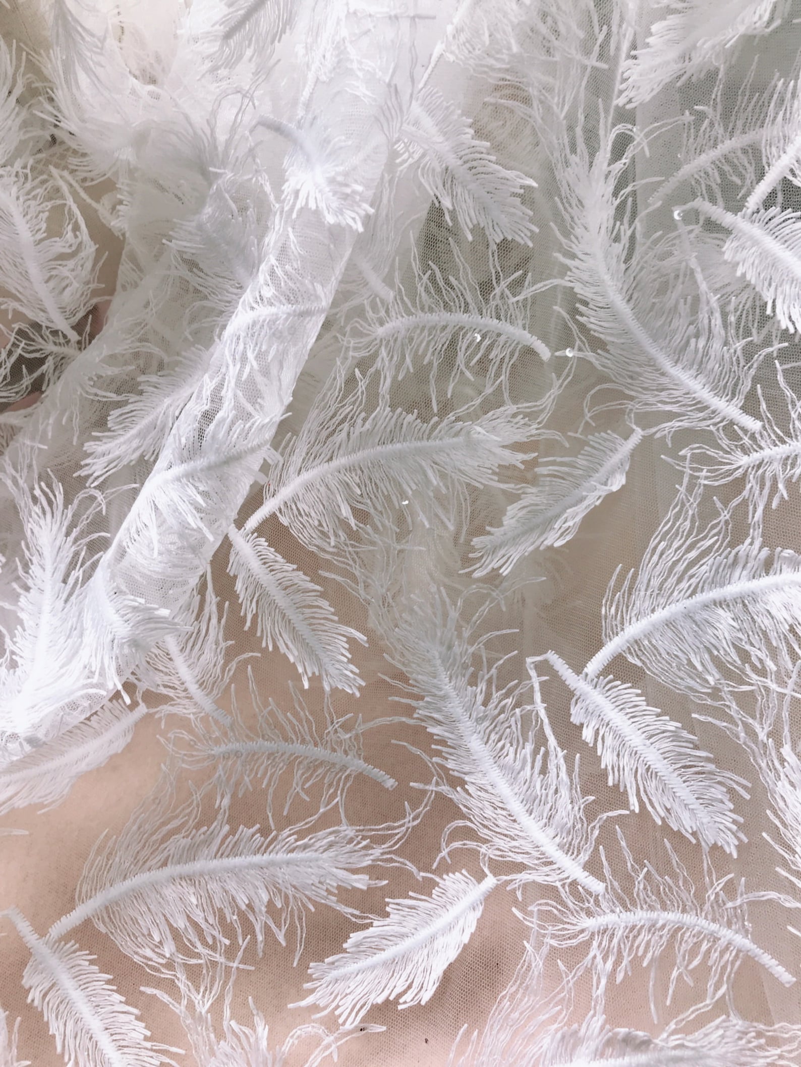 Off White Feathers Lace Fabric With Sequined for Prom Dress, Party ...
