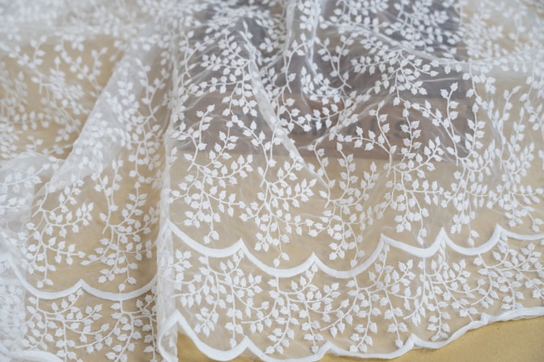 Off White Venice Floral Leaves Embroidery Mesh Netting Fabric | Etsy