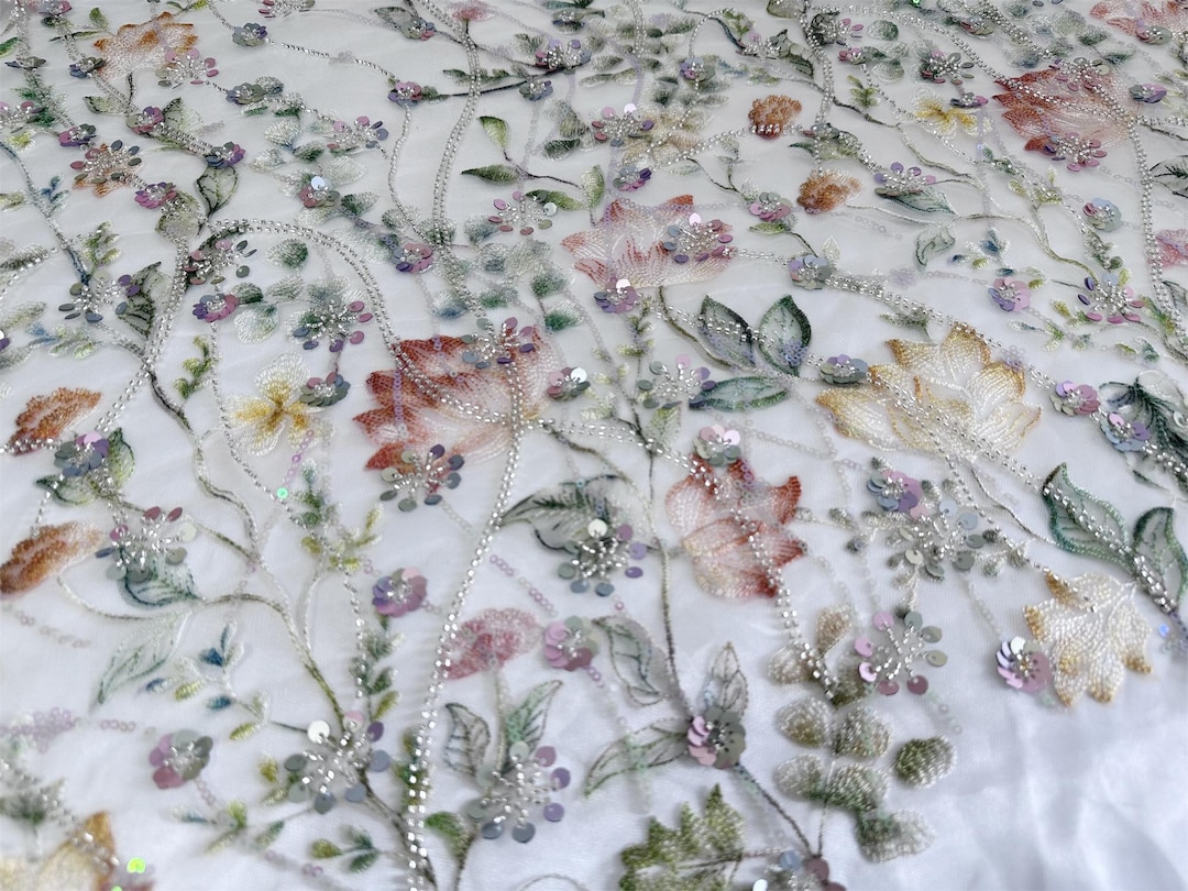 Multicolor Floral Beaded Embroidered Mesh Fabric, Luxury Bridal Lace ...