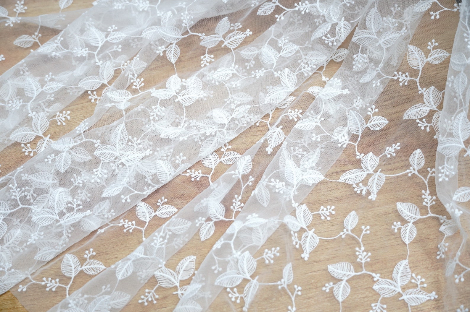 Off White Leaves Embroidered Mesh Lace Wedding Dress Fabric, Floral ...