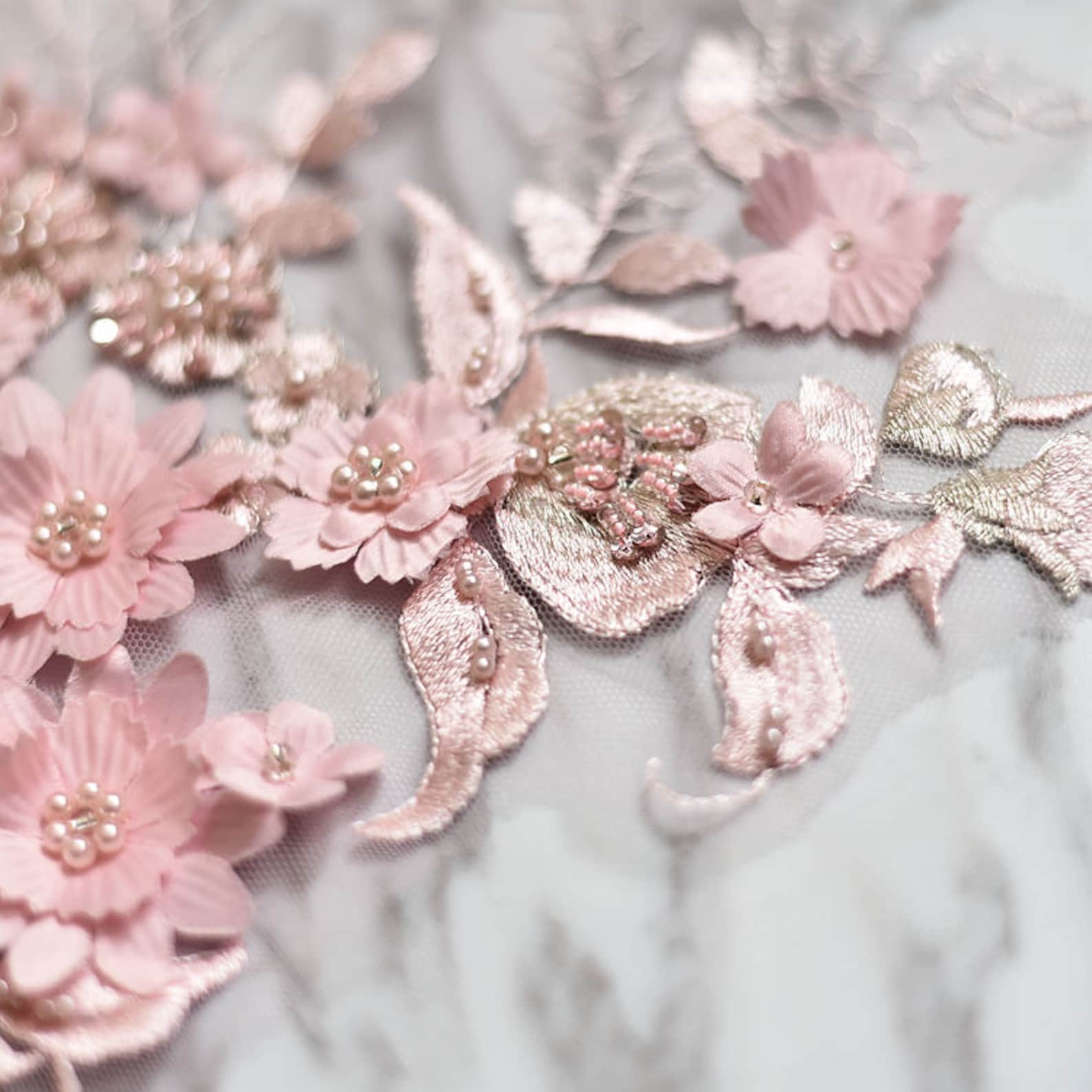 Lace Applique, Pink Flower Applique, Beaded Embroidered Bridal Applique ...