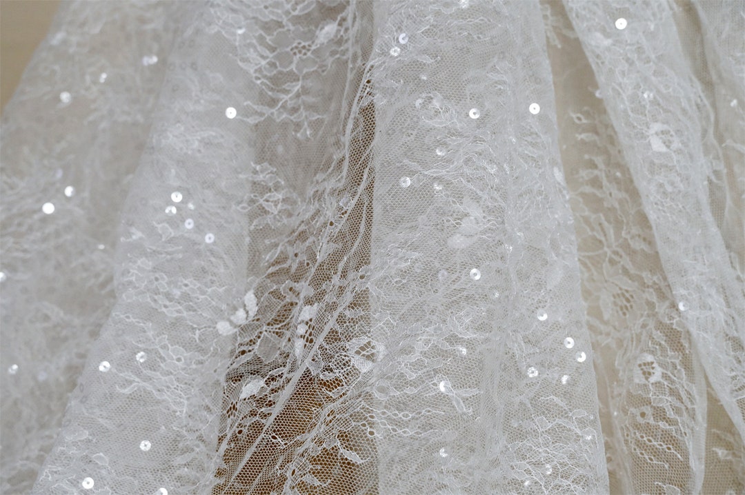 Beautiful Stiff Tulle Floral Fabric With Clear Sequins in off White for ...