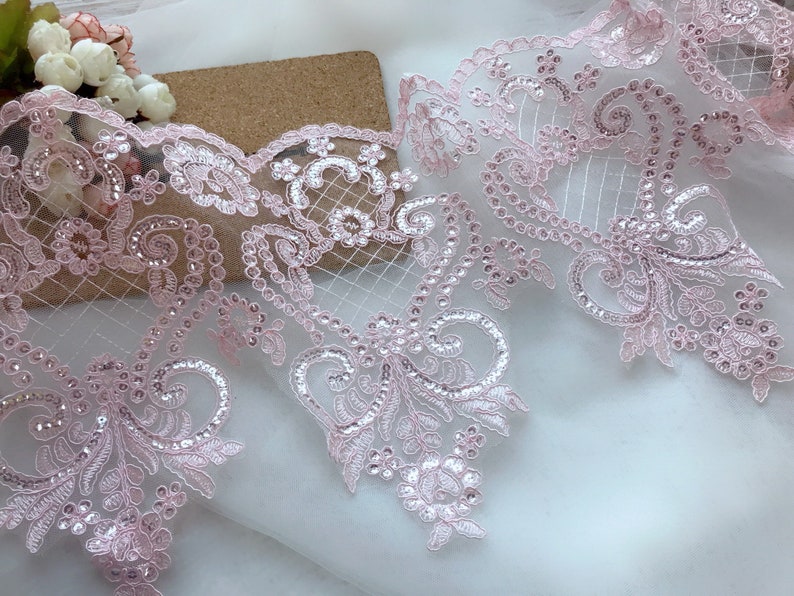 Pink Lace Trim Retro Scalloped Sequins Lace Alencon Corded - Etsy