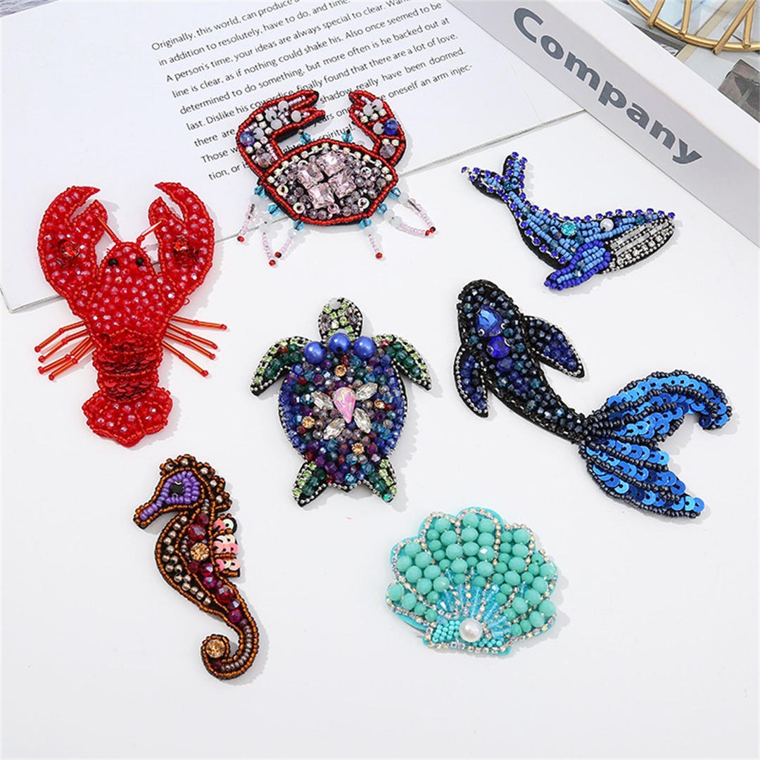 Sea Animals Beaded Rhinestone Applique Sew Patches, Ocean Creatures ...