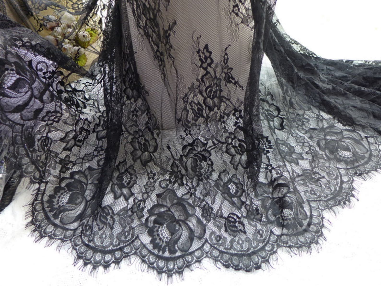 Black Chantilly Lace Rose Floral Lace Trim Scalloped Edging - Etsy