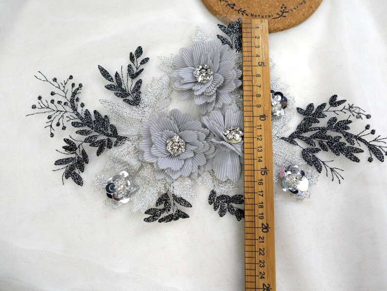 Silver Gray Embroidery Lace Applique Rhinestone 3D Flowers - Etsy