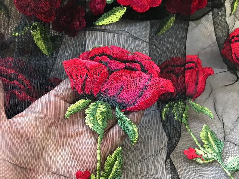 Beautiful Red Rose Flowers Lace Fabric Soft Black Tulle Fabric - Etsy
