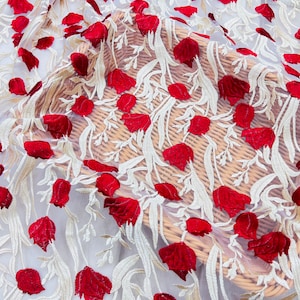 Rose Fabric, Red Rose Flower With Light Gold Leaves Embroidery Fabric ...