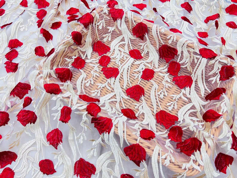 Rose Fabric Red Rose Flower With Light Gold Leaves Embroidery - Etsy