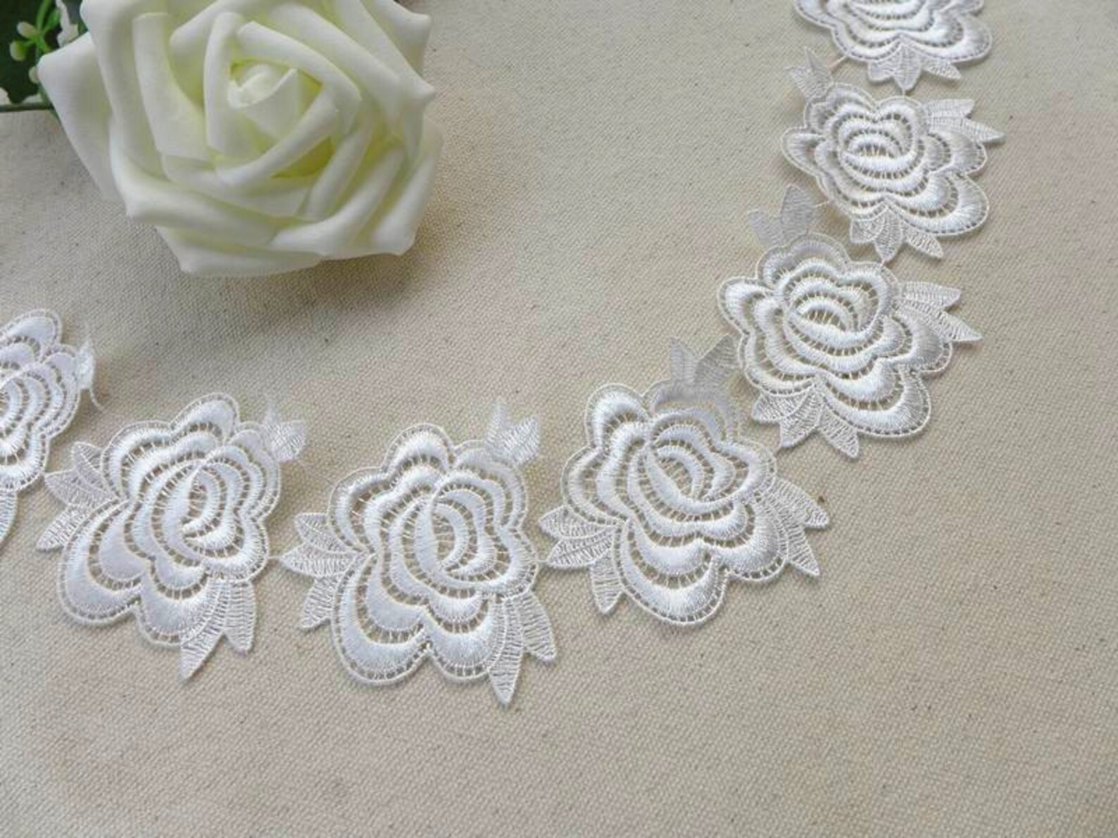Lace Trim, White Rose Applique Lace, Roses Flower Trim, White Venice ...