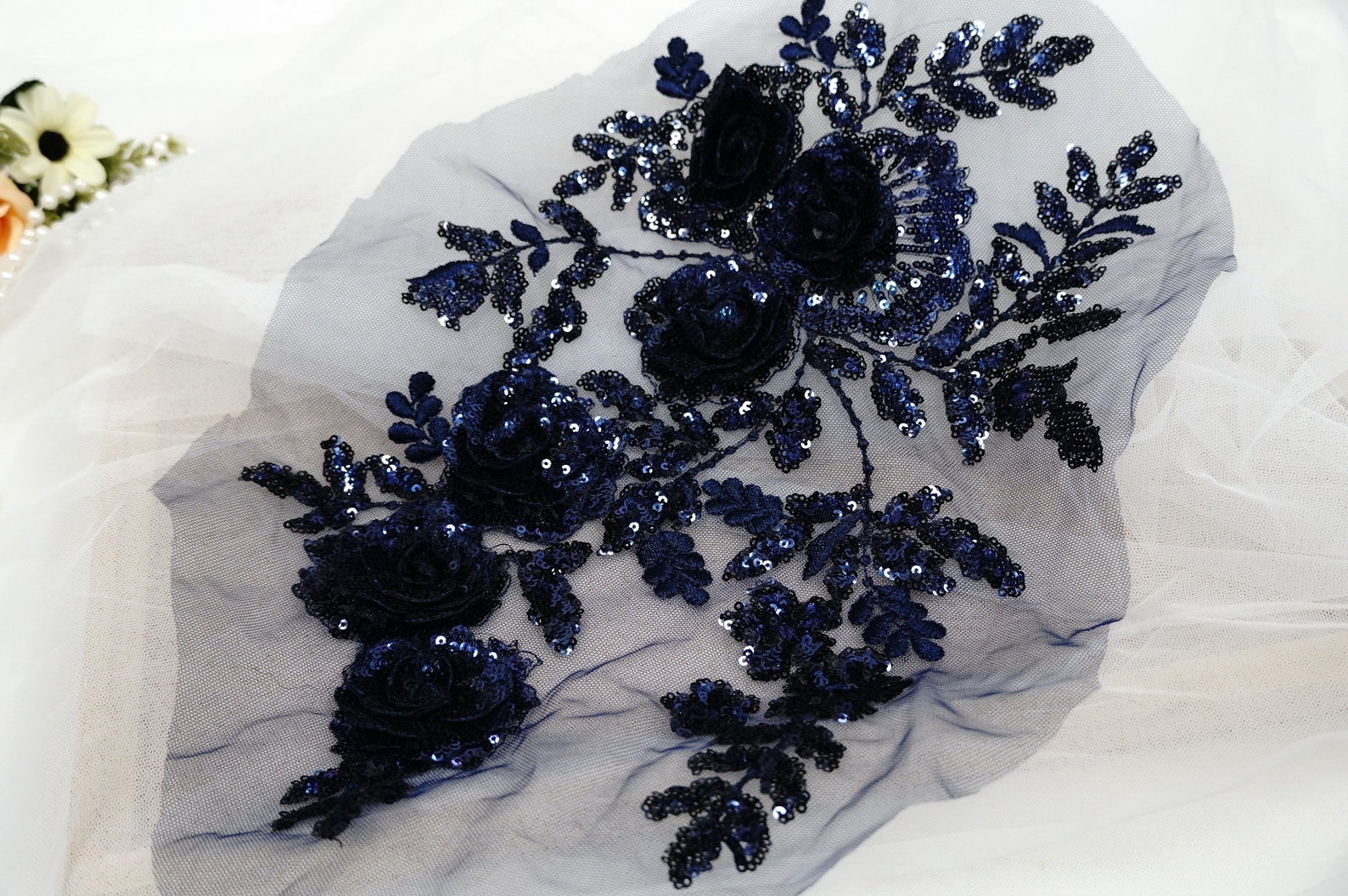 Burgundy / Navy Blue Sequins Flower 3D Flower Lace Applique | Etsy