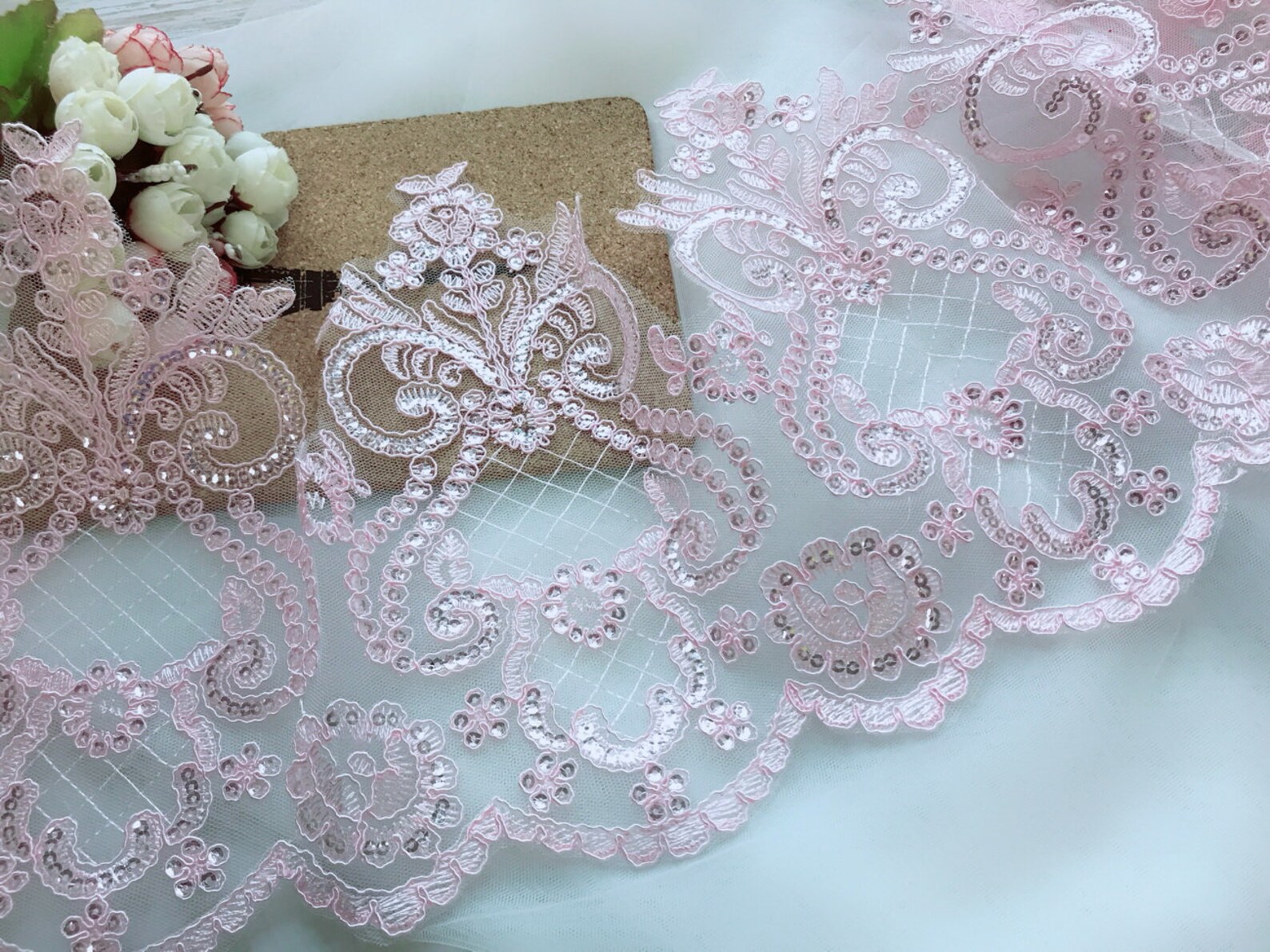 Pink Lace Trim Retro Scalloped Sequins Lace Alencon Corded - Etsy
