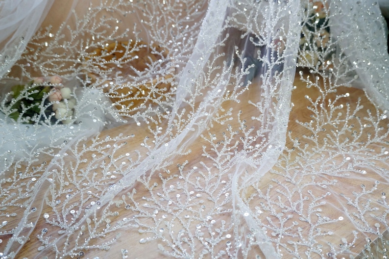 Gorgeous Leaf Embroidered Lace Silver Beading Sequins Fabric | Etsy