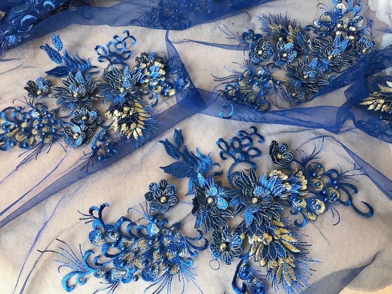 Royal Blue 3d Beaded Flower Lace Applique Pearls Embroidered Etsy