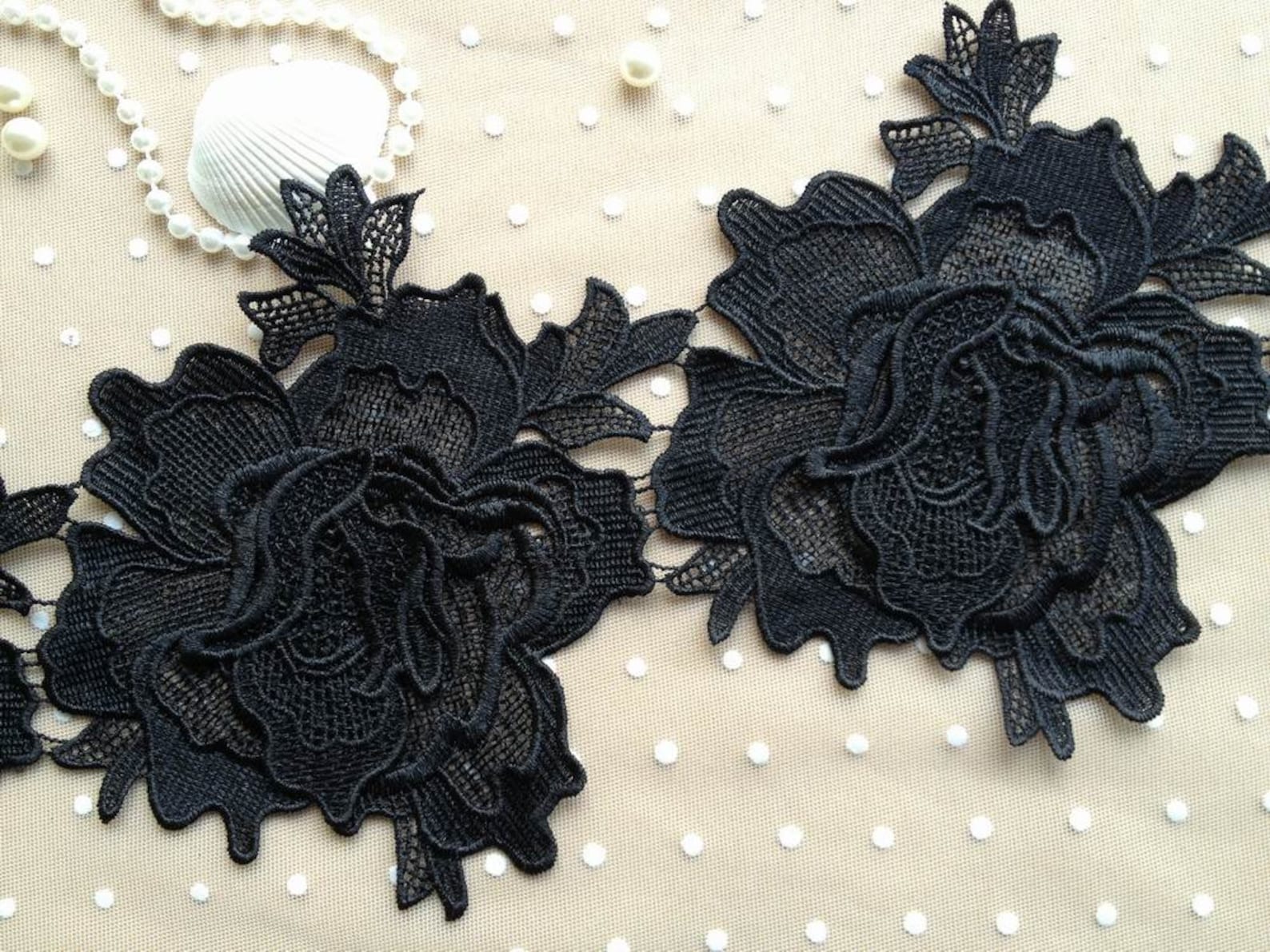 SALE Black Rose Lace Trim, Vintage Venice Large Black Roses Lace, Black ...