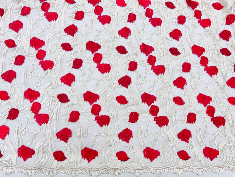 Rose Fabric Red Rose Flower With Light Gold Leaves Embroidery - Etsy