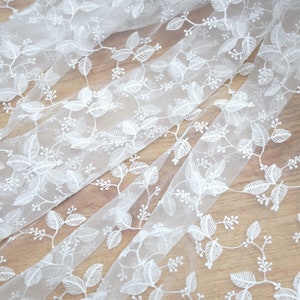 Off White Leaves Embroidered Mesh Lace Wedding Dress Fabric, Floral ...