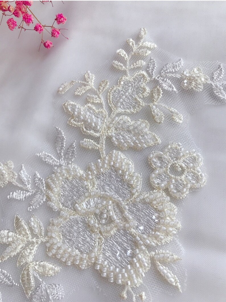 3D Pearl Beaded Lace Applique Sequin Flower Appliques Pair for - Etsy