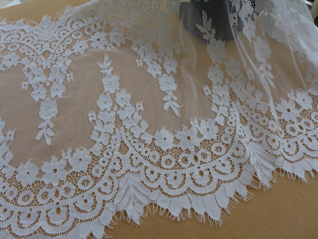 Scalloped Wedding Lace Fabric, Chantilly Floral Lace in White, Bridal ...