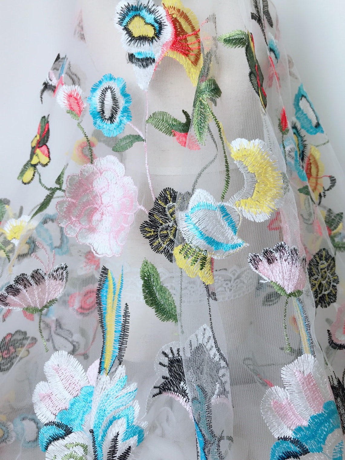 Multi-color Floral Flowers Embroidered Tulle Lace Fabric for - Etsy