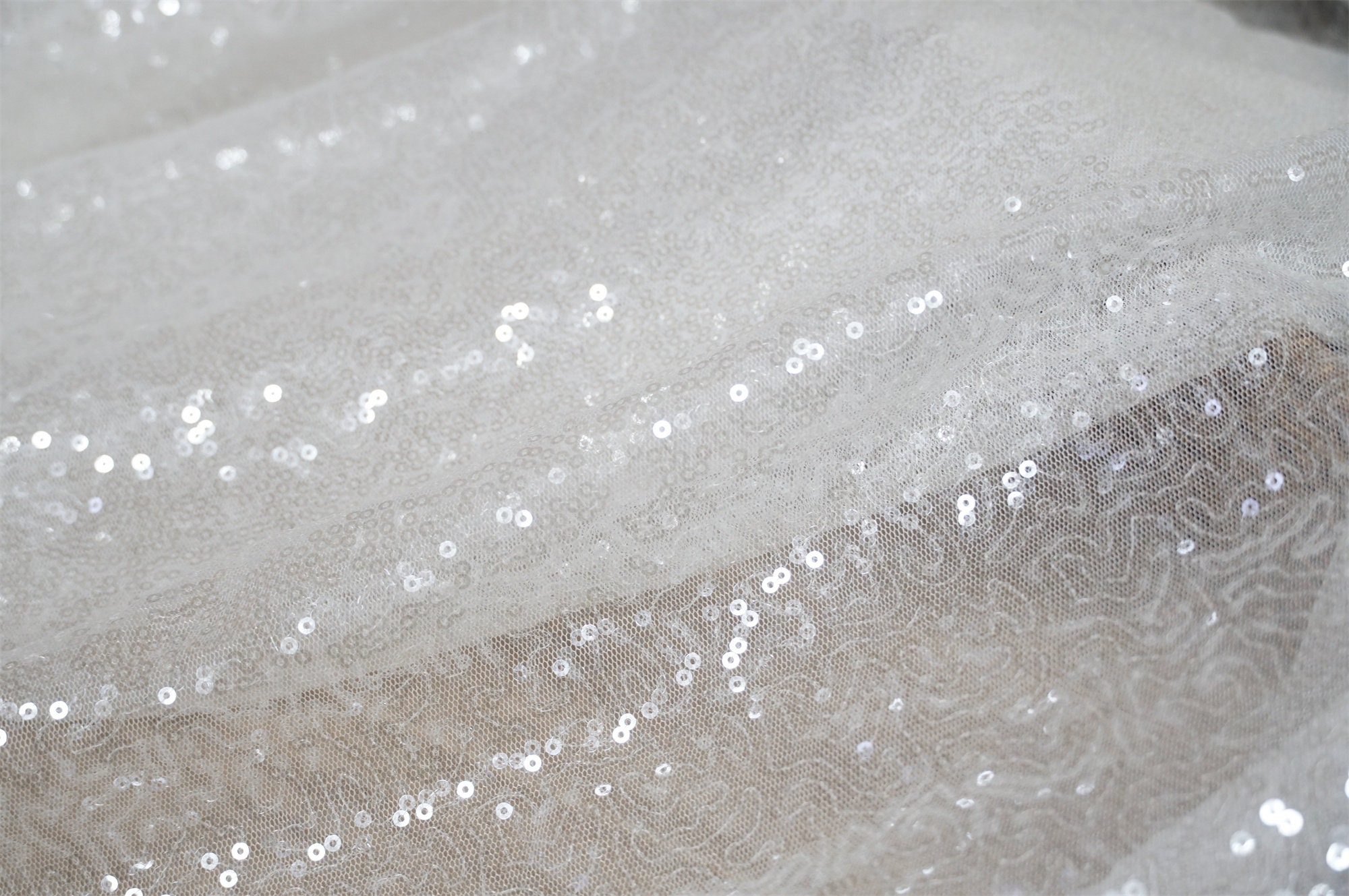 Sparkling Crystal Clear Sequins White Mesh Lace Fabric for Evening Gown ...