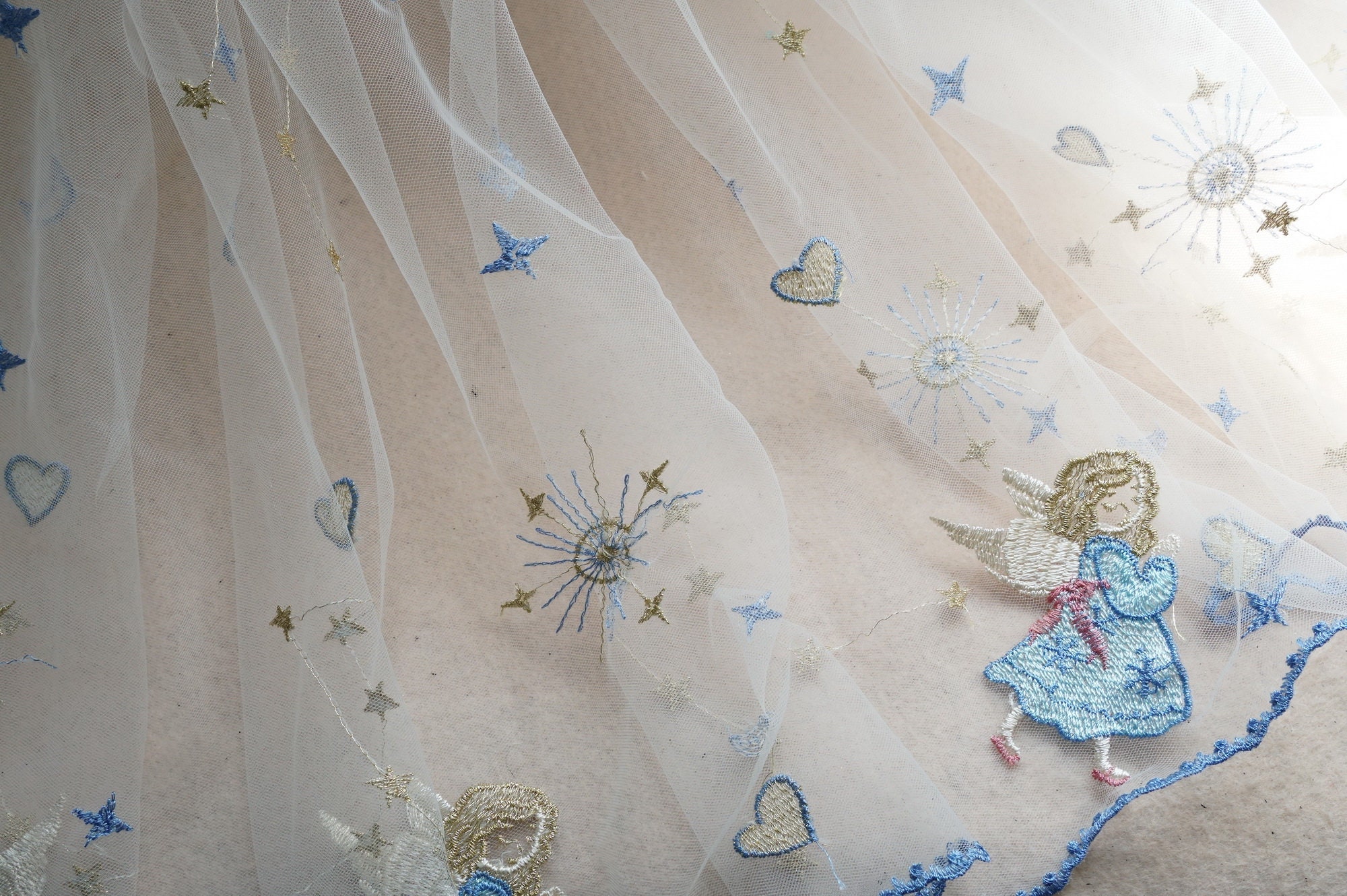 Blue & Gold Embroidery Angel Victorian Fabric Soft Off white | Etsy