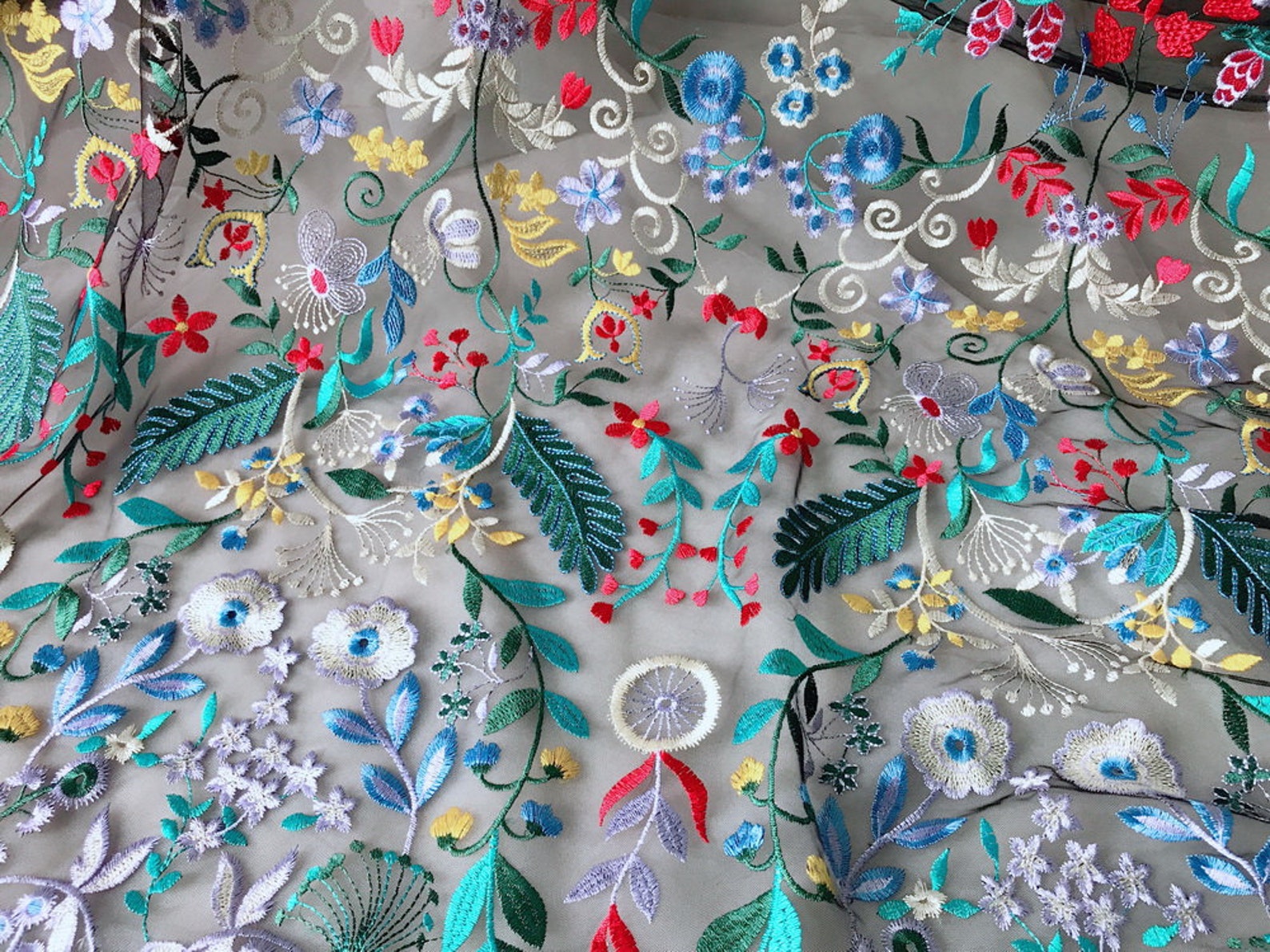 Vintage Multicolor Floral Embroidery Lace Fabric on Black | Etsy