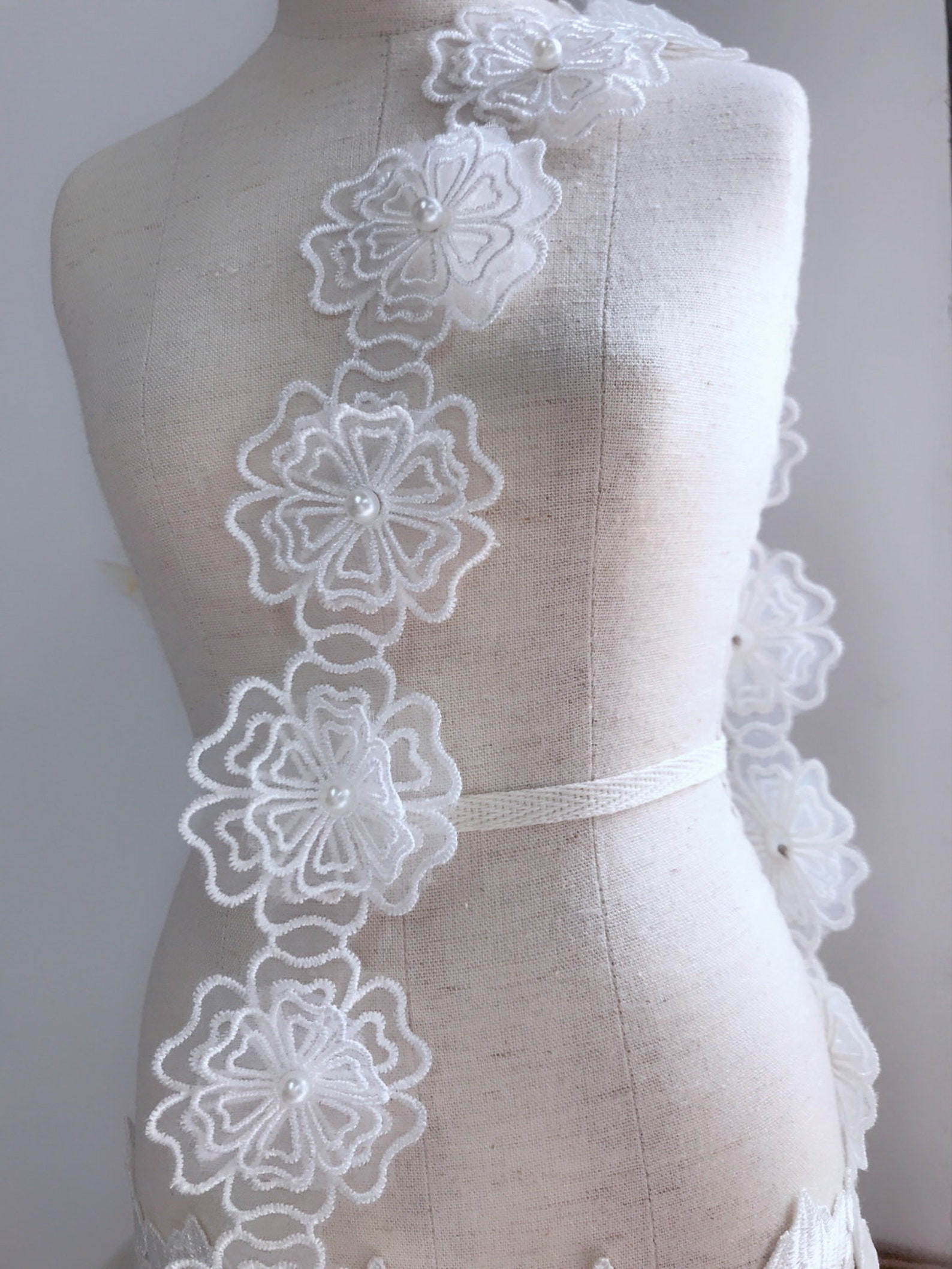 Organza Layers Flowers Applique Lace off White Flower Pearls Lace Trim ...