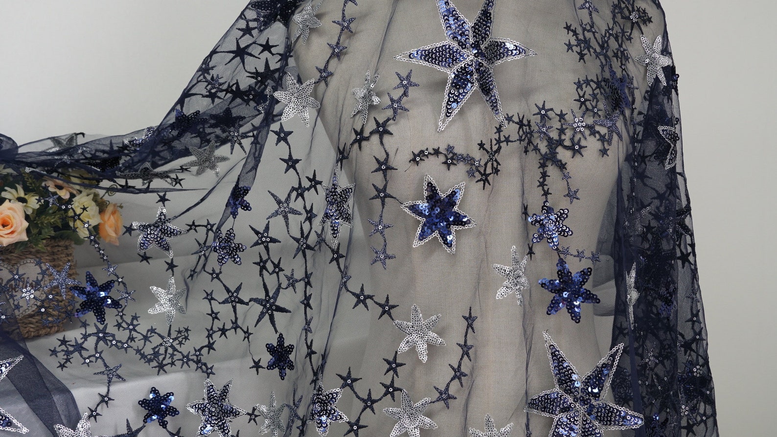 Navy Lace Sparkling Sequins Embroidery Navy Blue Star Lace - Etsy