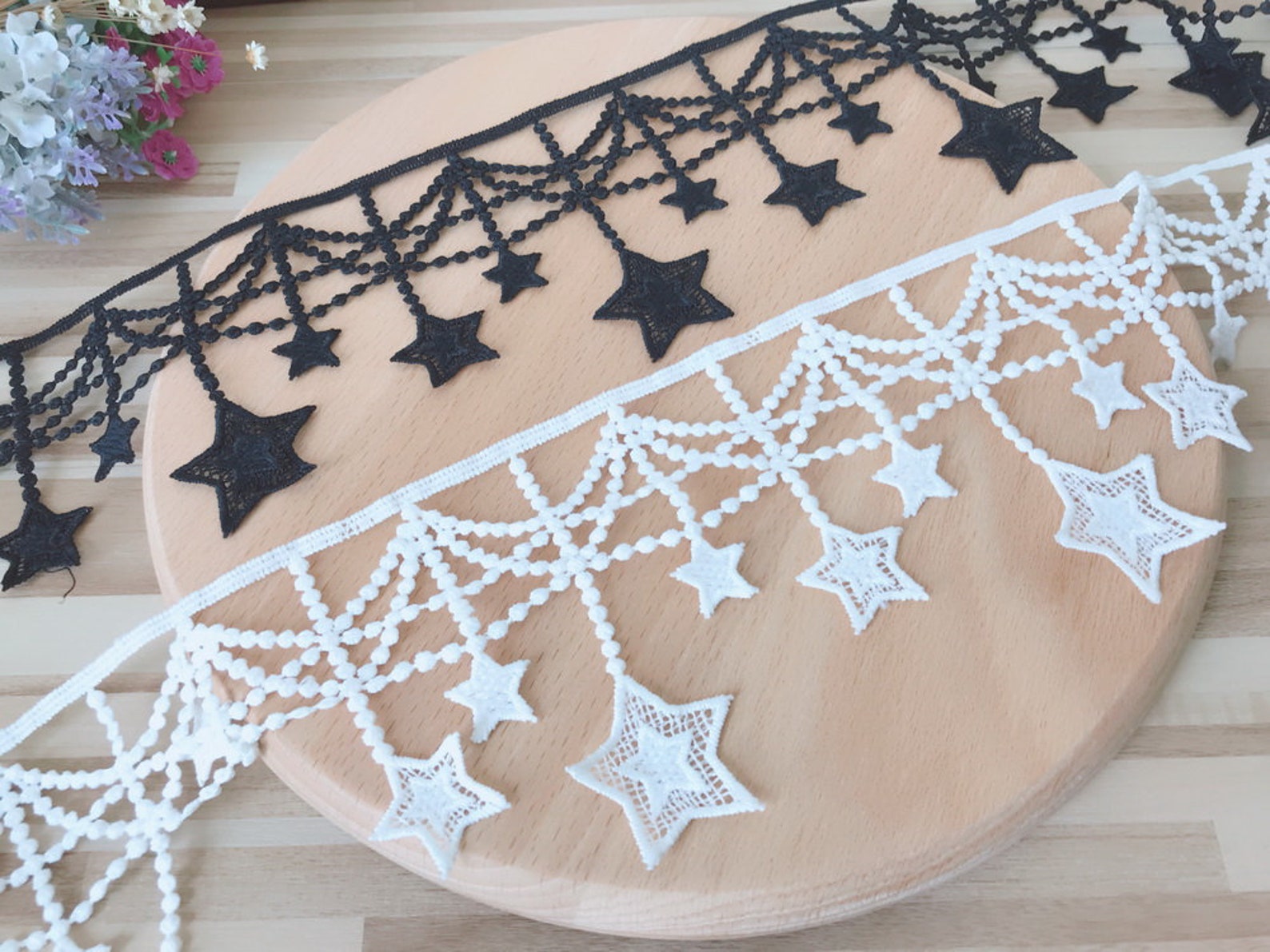 Delicate Star Lace Trim, Black White Venice Lace, Stars Fringe Tassels ...
