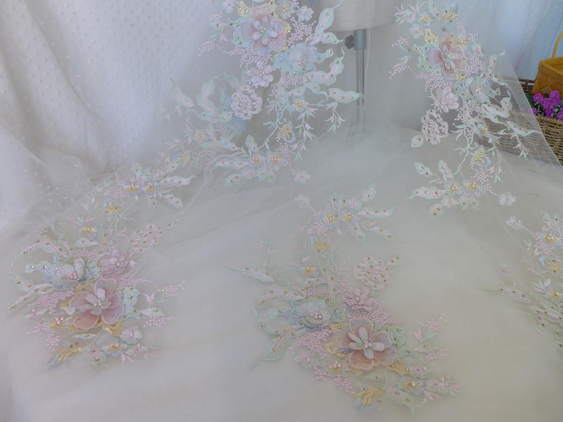 Beaded lace Pastel embroidery sequined fabric off white | Etsy