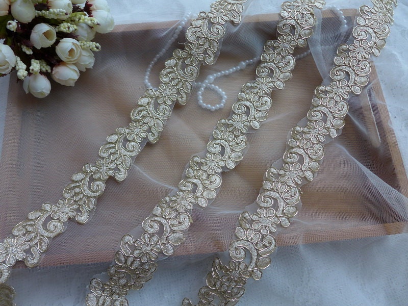 Gold lace alencon lace trim bridal garter lace wedding gown | Etsy