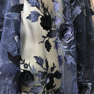 3D Rose Flower Fabric, Navy Blue Lace Fabric, Floral Leaf Lace Fabric ...