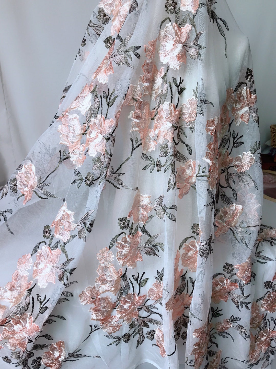 Blooming Flowers Fabric, Peach Lace Fabric, Roses Leaf Lace Fabric ...