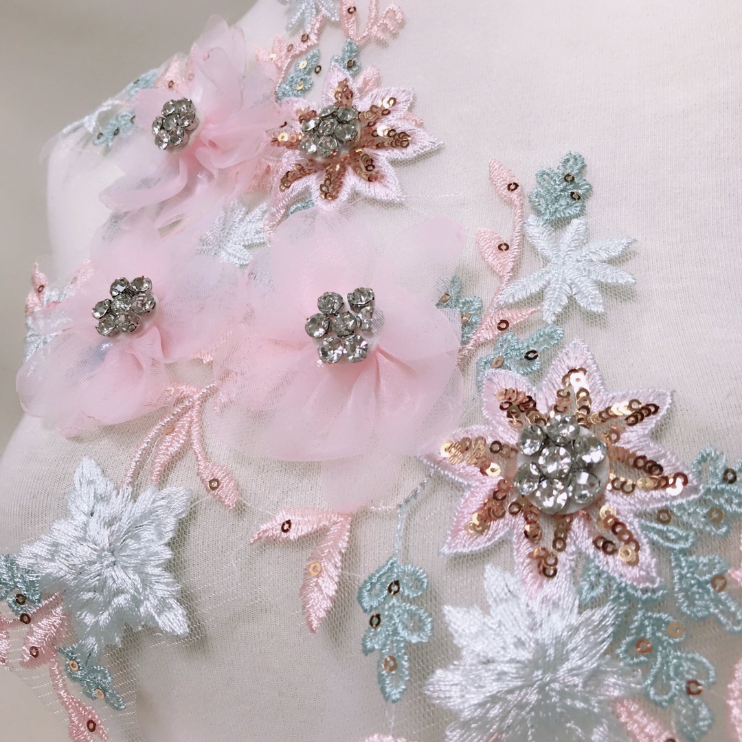 Aqua & Pink Lace Applique 3D Flowers Rhinestone Appliqué for - Etsy