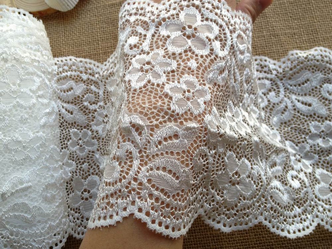 2 Yards White Floral Scalloped Stretch Lace Shiny Wide Elastic Lace ...