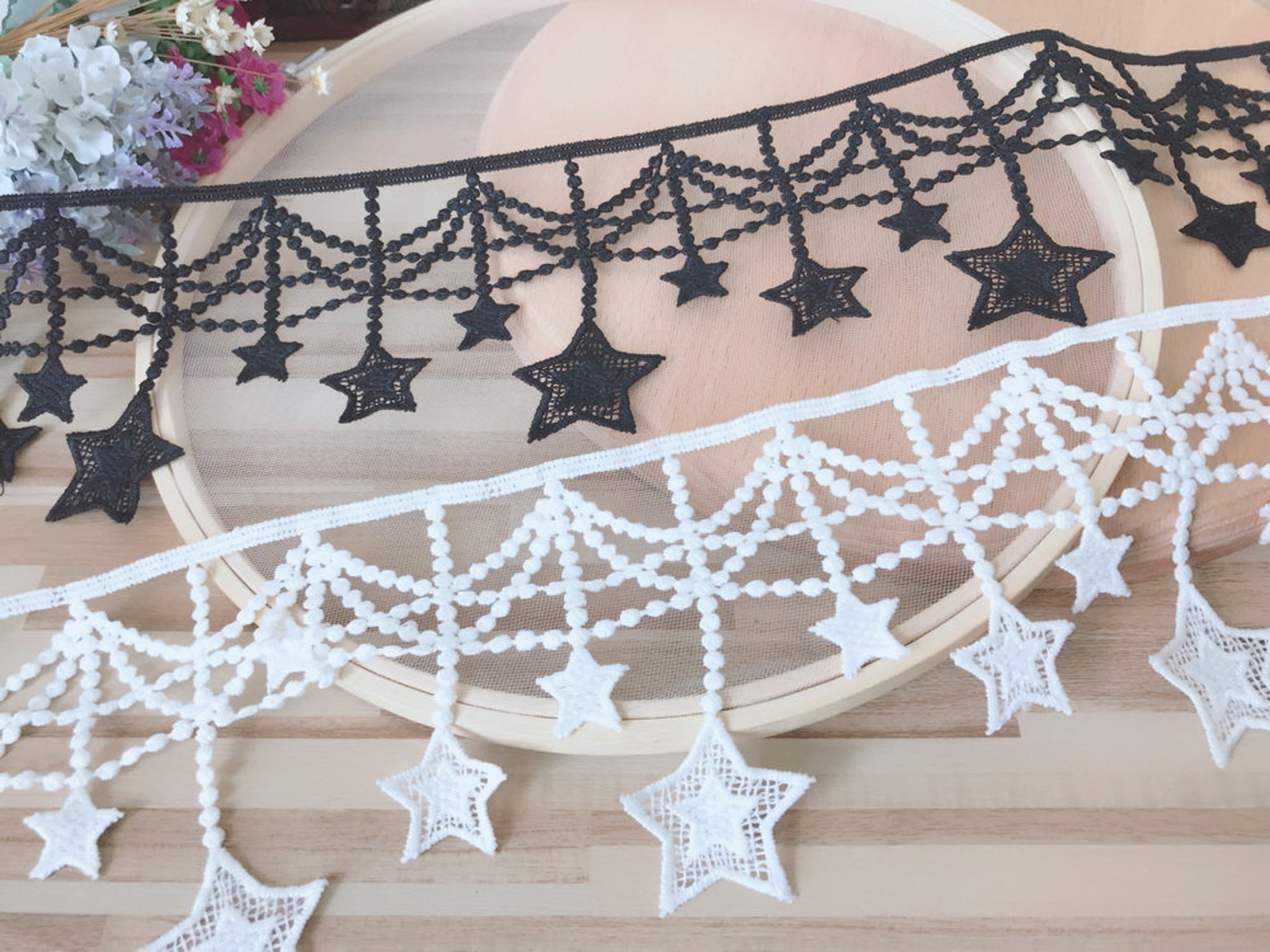 Delicate Star Lace Trim, Black White Venice Lace, Stars Fringe Tassels ...