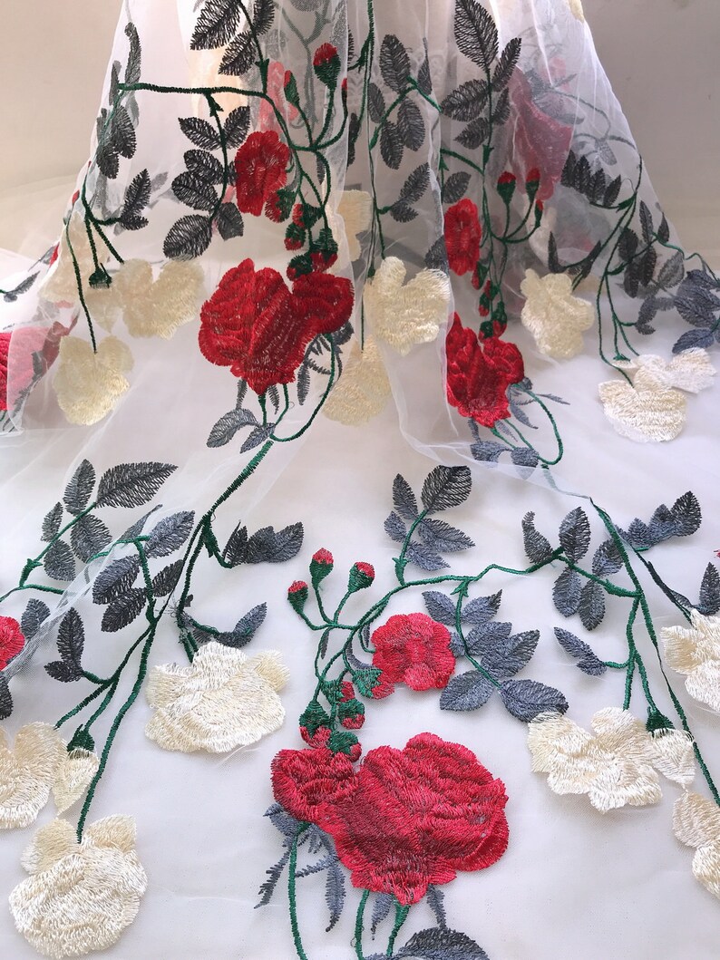 Rose Lace Fabric Multicolor Embroidery Flowers Fabric for | Etsy