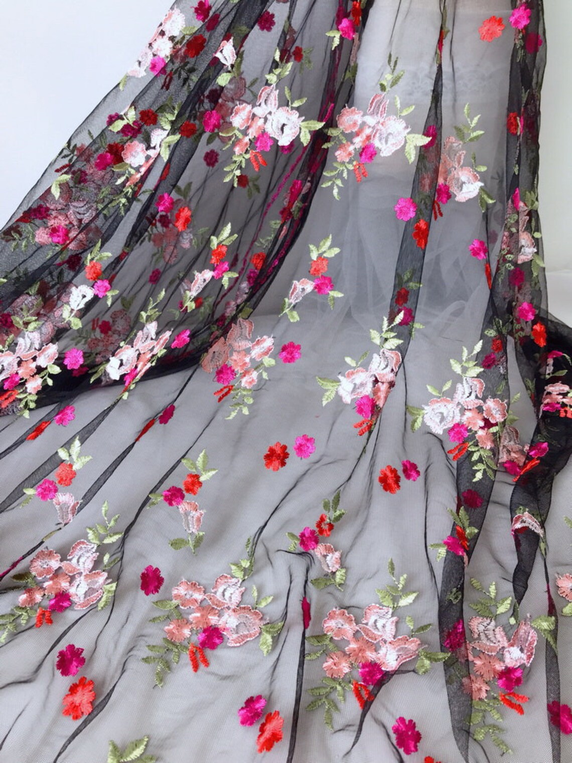 Beautiful Floral Fabric Black Tulle Lace Fabric Multi Color Etsy