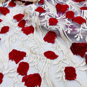 Rose Fabric, Red Rose Flower With Light Gold Leaves Embroidery Fabric ...